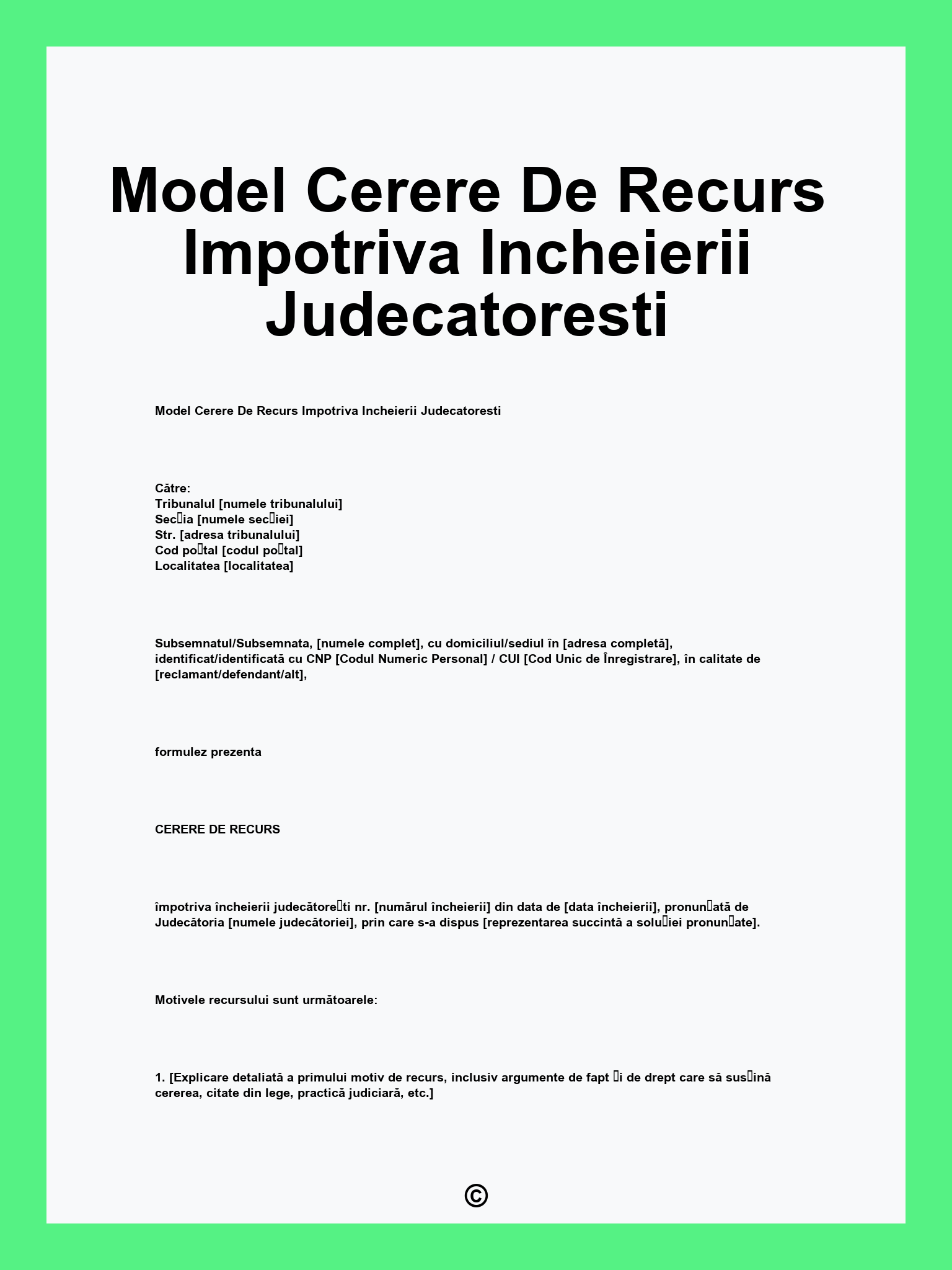Model Cerere De Recurs Impotriva Incheierii Judecatoresti