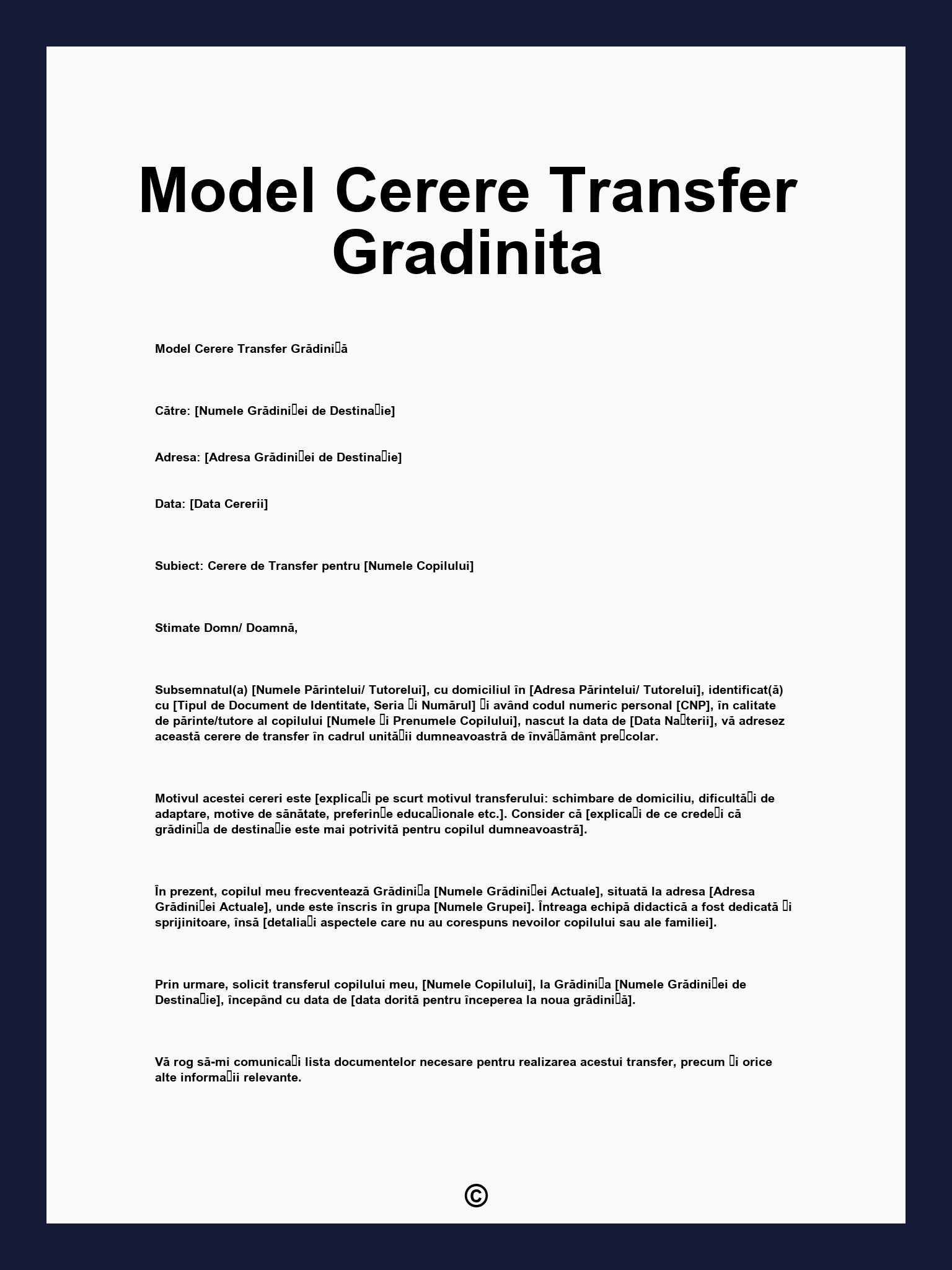 Model Cerere Transfer Gradinita